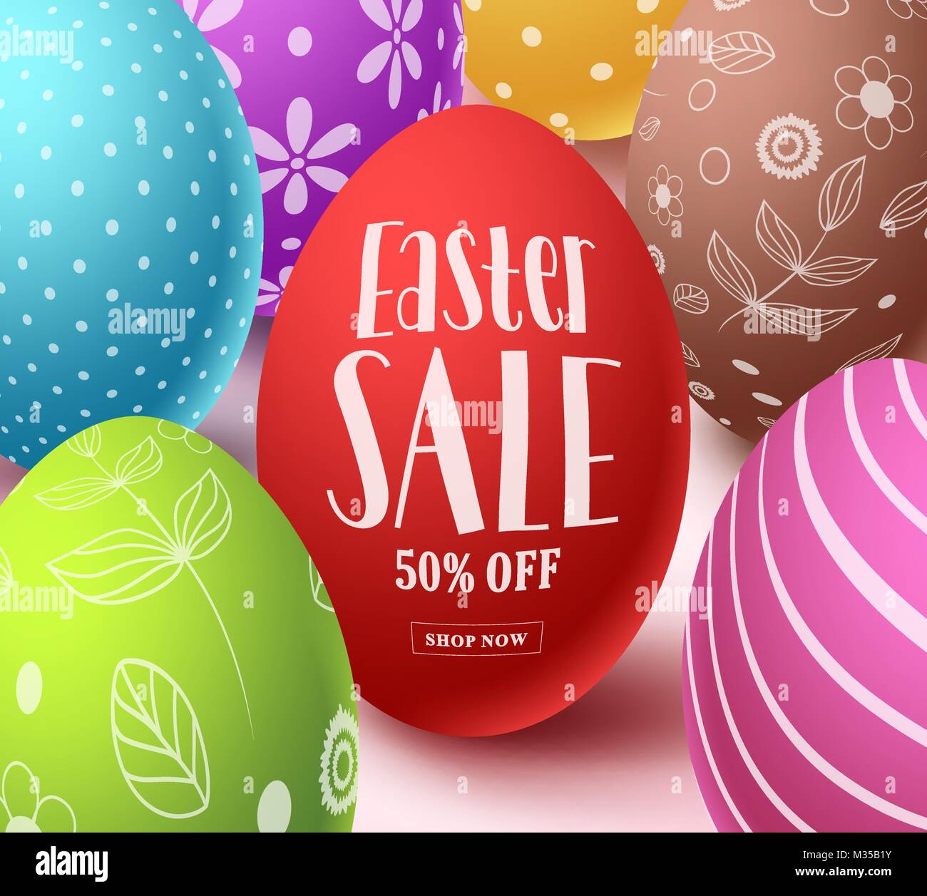 Easter sale text in red color with colorful eggs elements in white ...