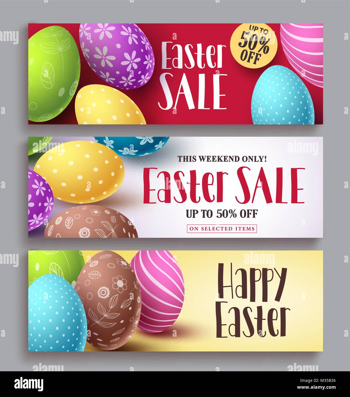 Easter sale and happy easter vector banner design set with colorful ...