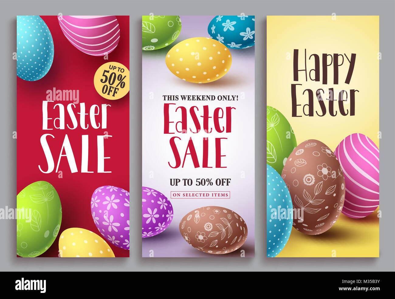 Easter sale vector poster set with colorful eggs elements for retail ...