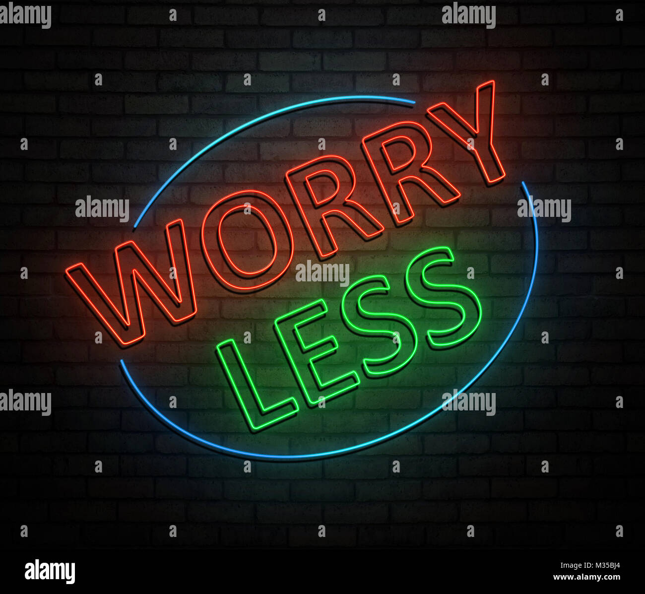 3d Illustration depicting an illuminated neon sign with a worry less ...