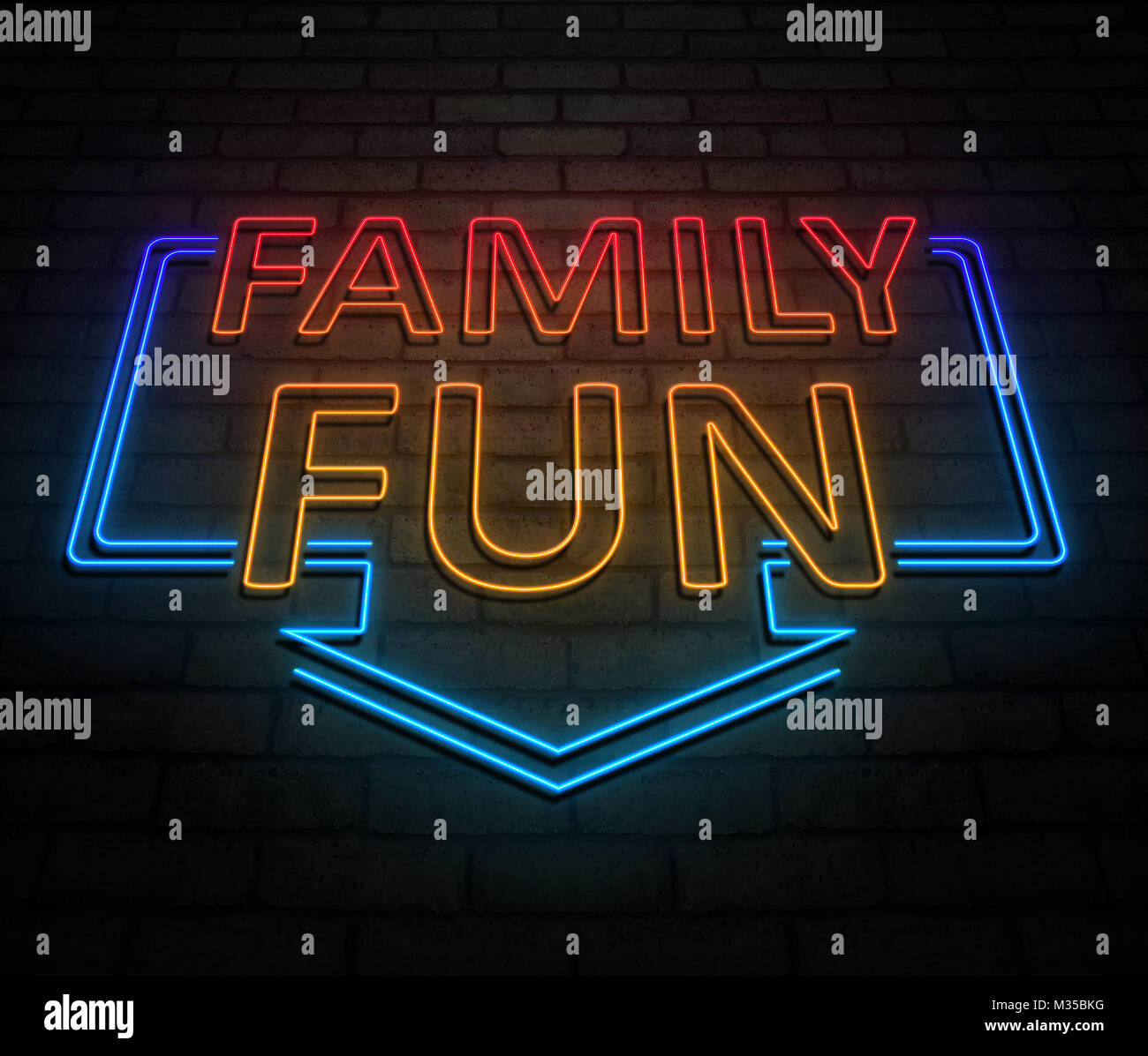 3d Illustration depicting an illuminated neon sign with a family fun ...