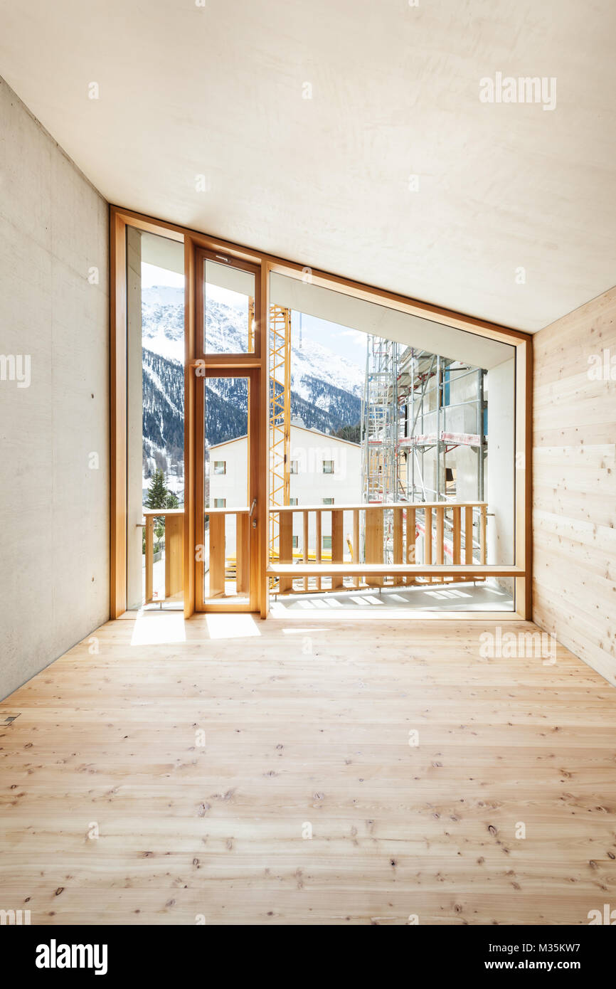 interior, modern house with wooden wall, large window Stock Photo - Alamy