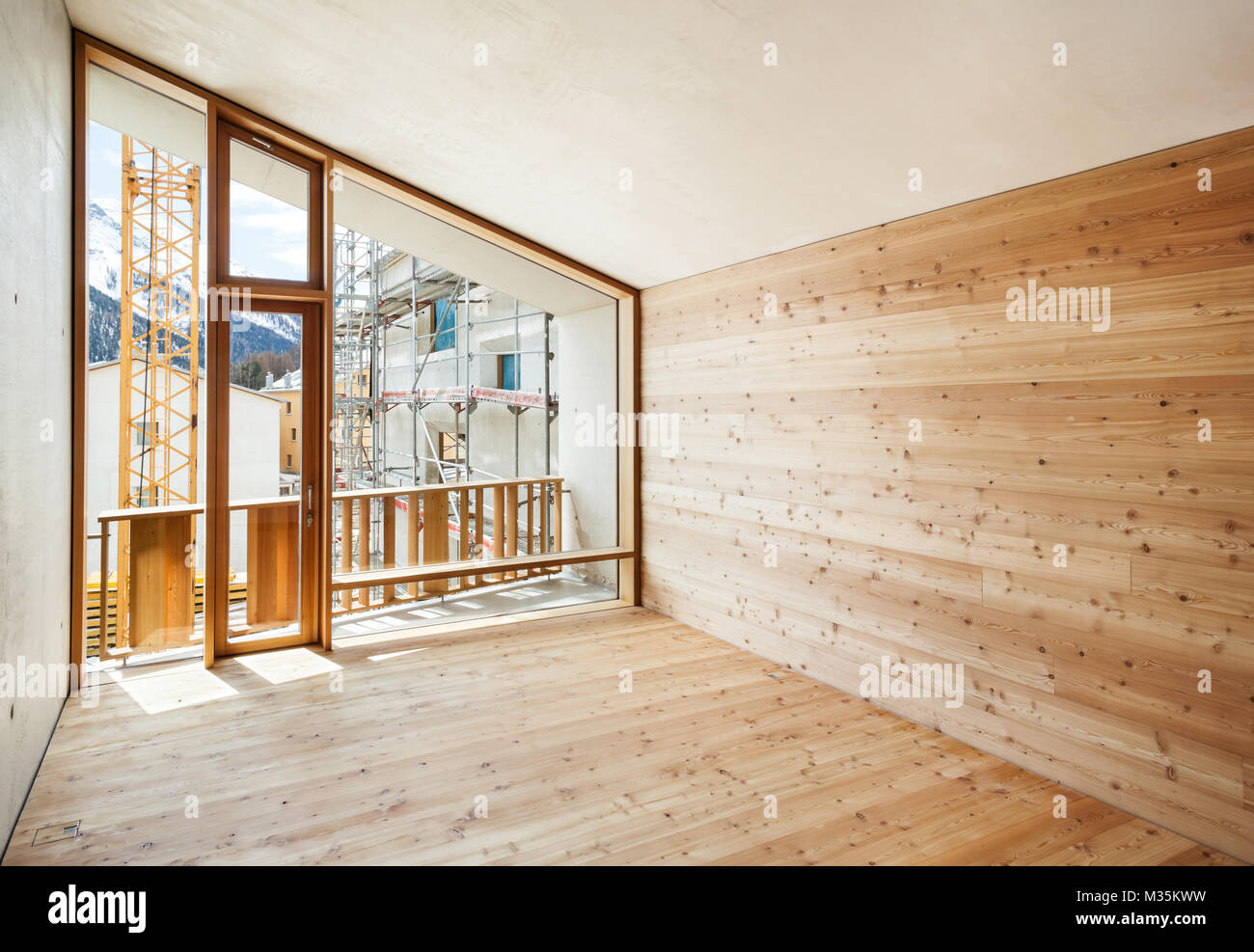 interior, modern house with wooden wall, large window Stock Photo - Alamy