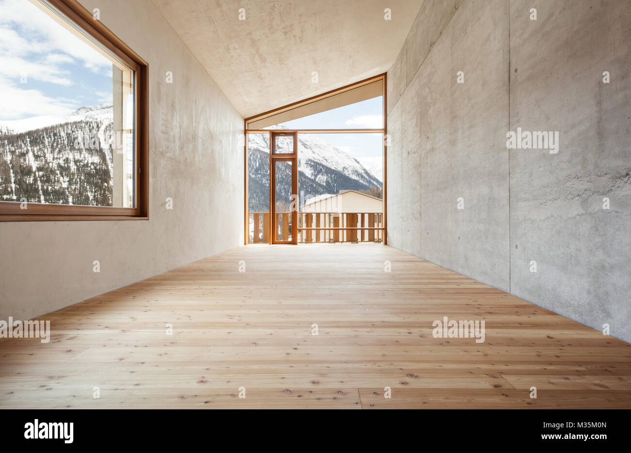 interior, modern house with wooden wall, large window Stock Photo - Alamy
