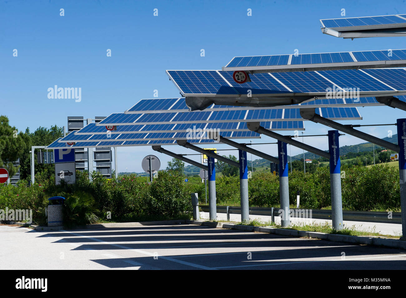 Installed solar panels on the areas of parking lot of the Italian ...