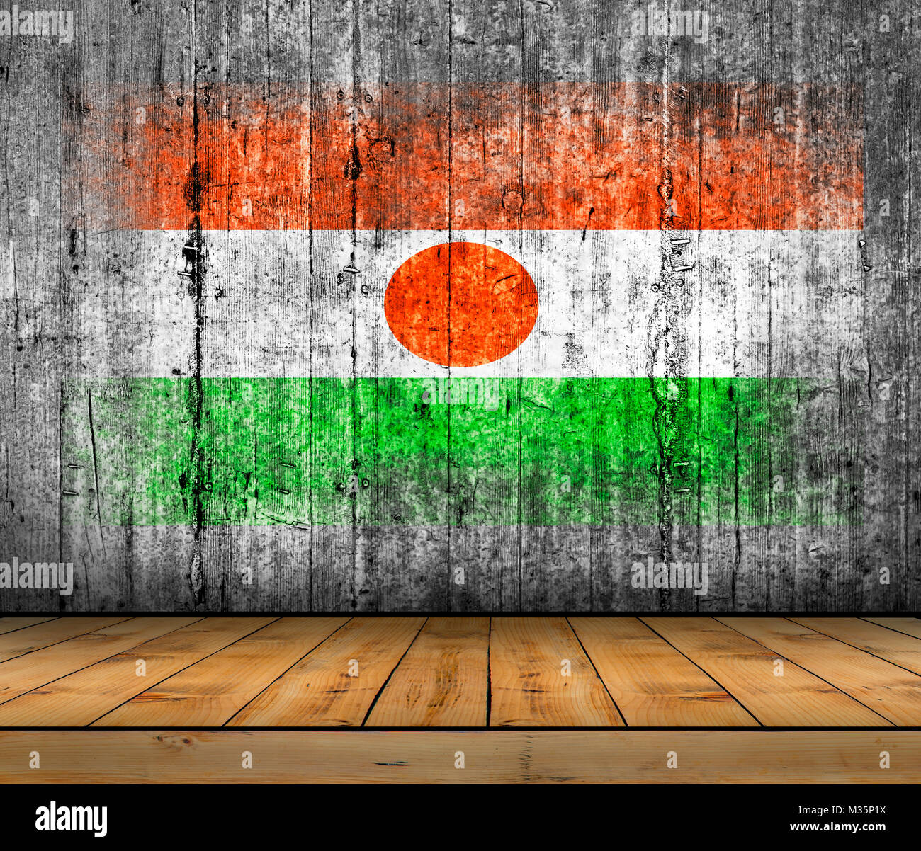 Niger flag painted on background texture gray concrete with wooden ...