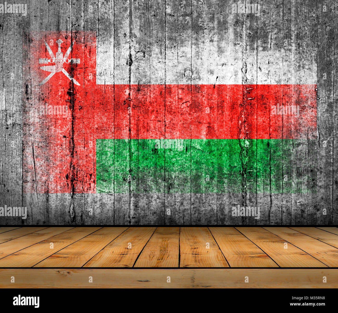 Oman flag painted on background texture gray concrete with wooden floor ...