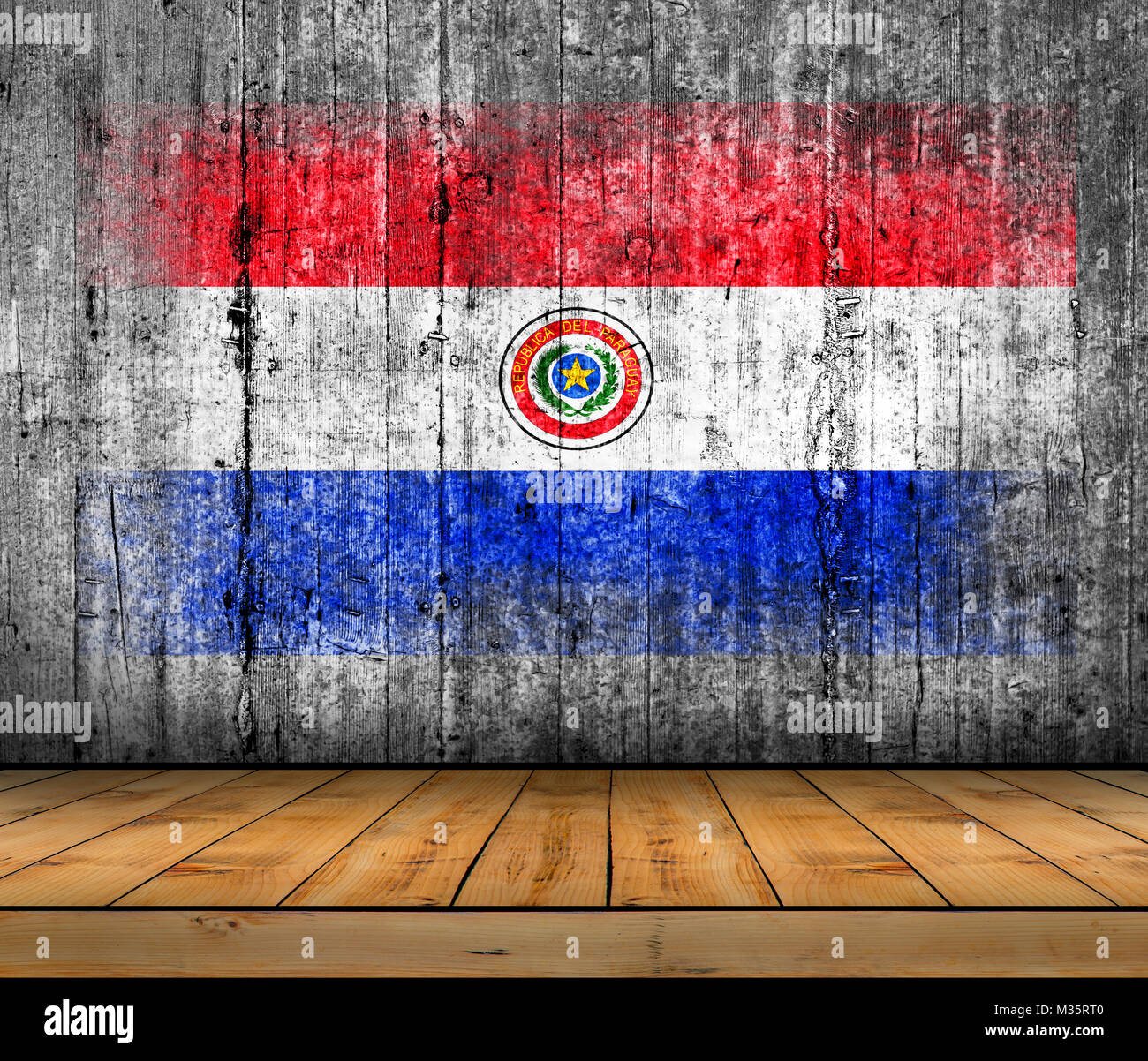Paraguay flag painted on background texture gray concrete with wooden ...