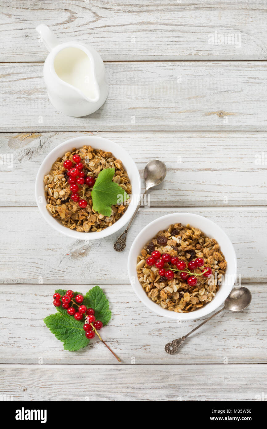 Summer healthy breakfast for two person of granola, muesli with milk ...