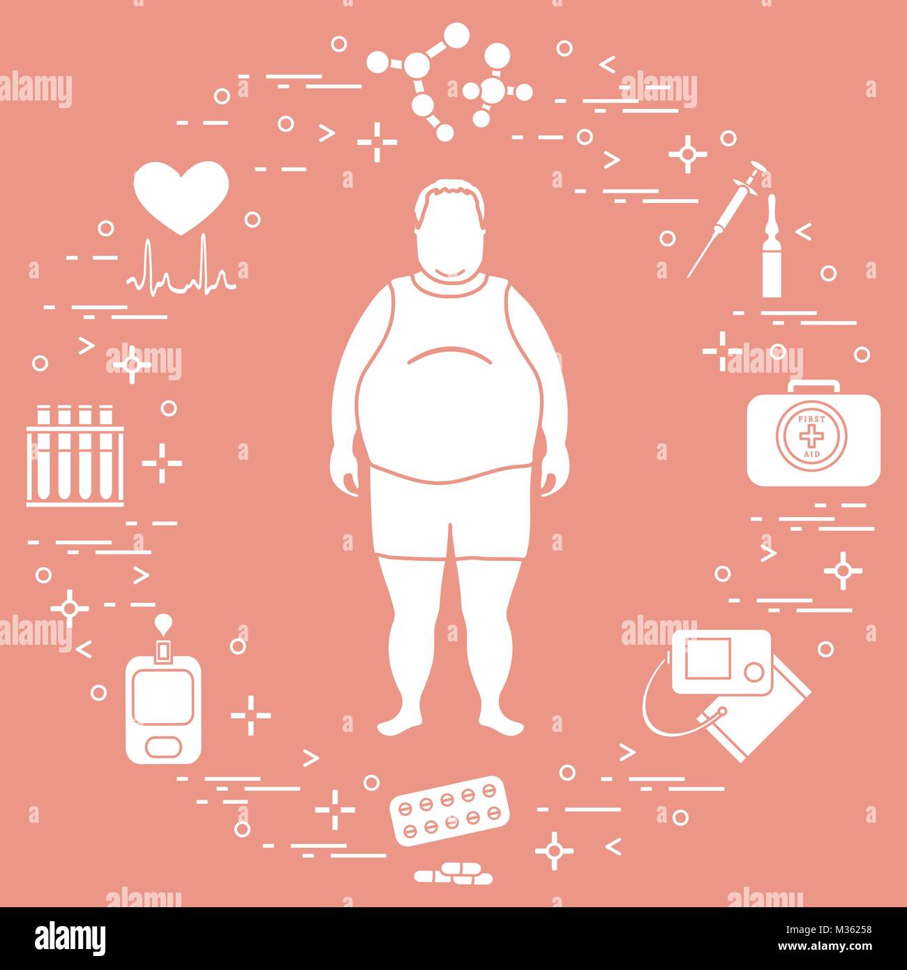 Fat man with medical devices, tools and drugs around him. Health and ...