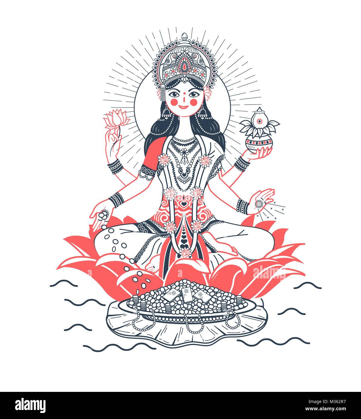 Illustration with hindu godess Laxmi or lakshmi. Icon in a linear style ...
