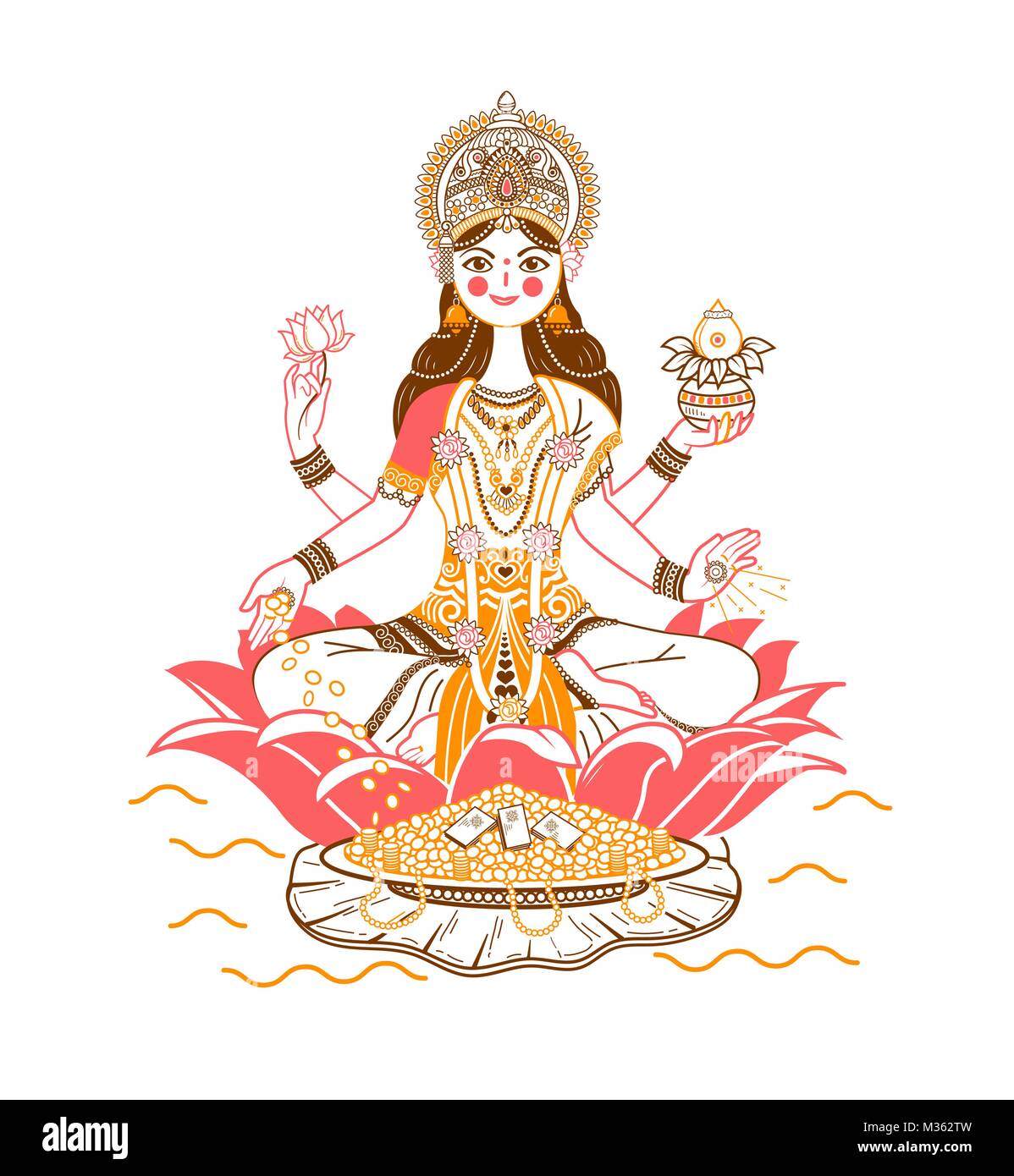 Illustration with hindu godess Laxmi or lakshmi. Icon in a linear style ...