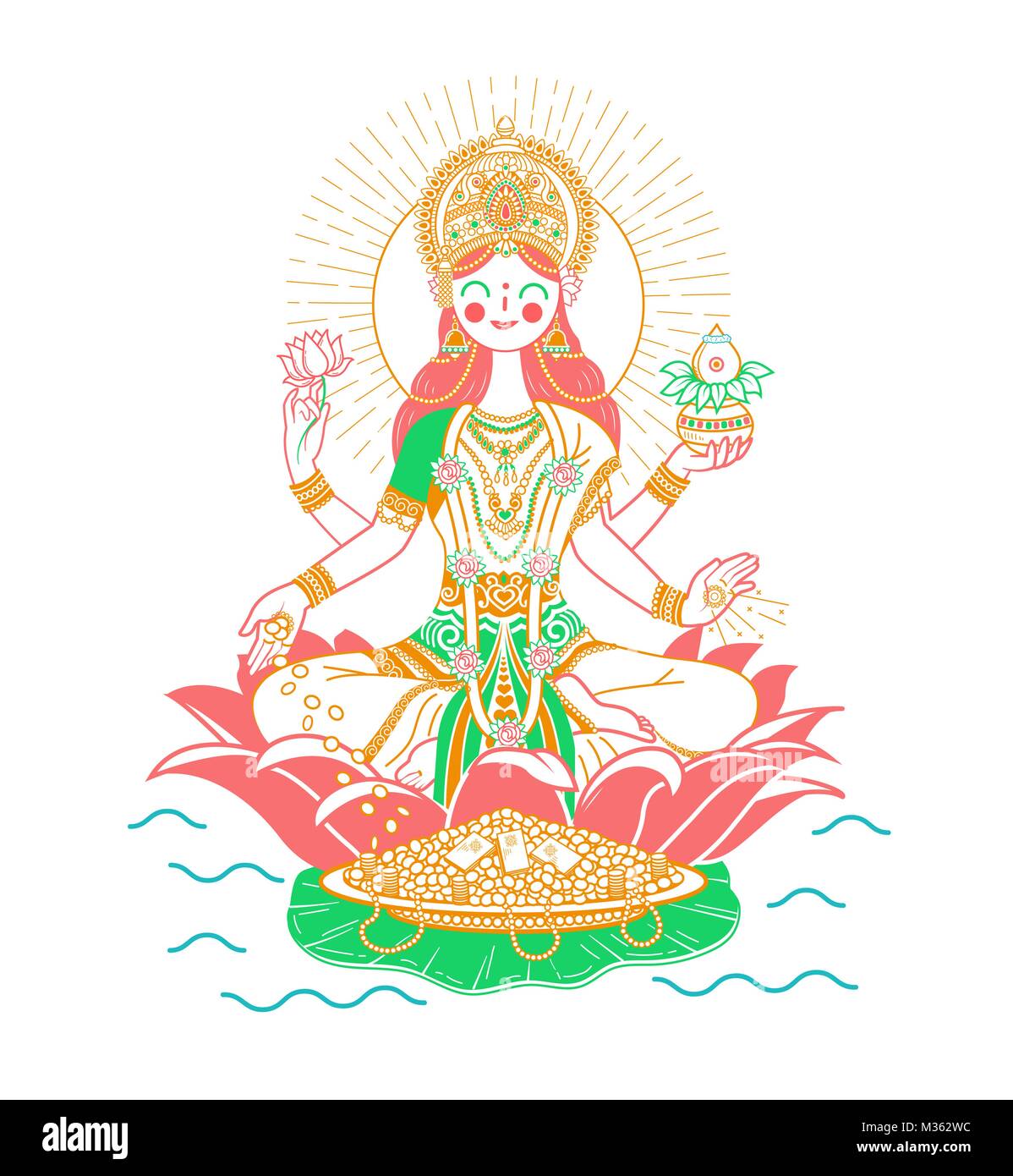 Illustration with hindu godess Laxmi or lakshmi. Icon in a linear style ...