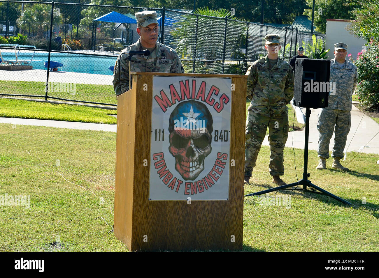 Col. Mark Quander, commander of the 36th Engineer Brigade speaks to the ...