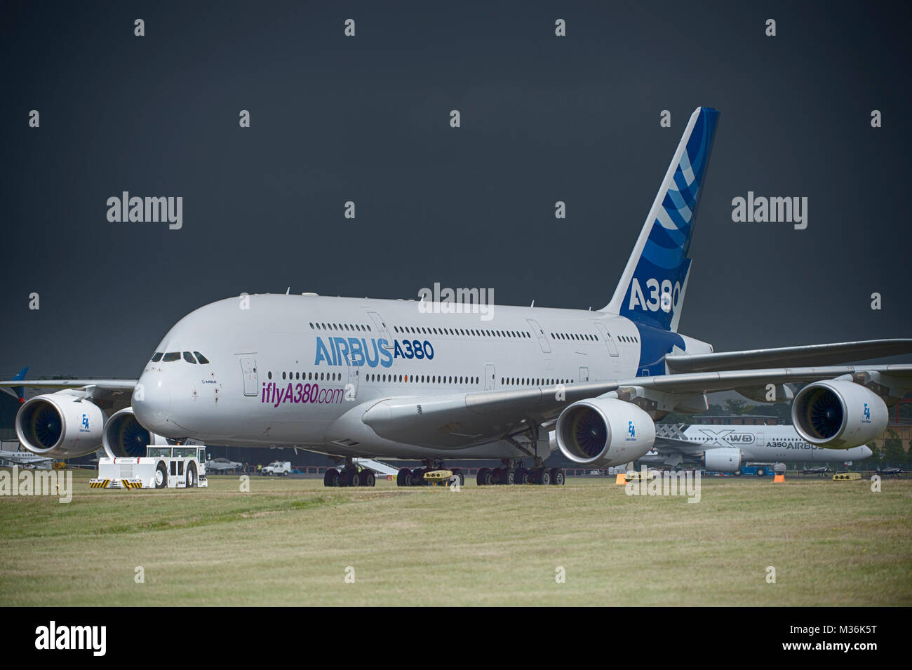 Airbus A380 on the runway against dark grey sky at the Farnborough ...