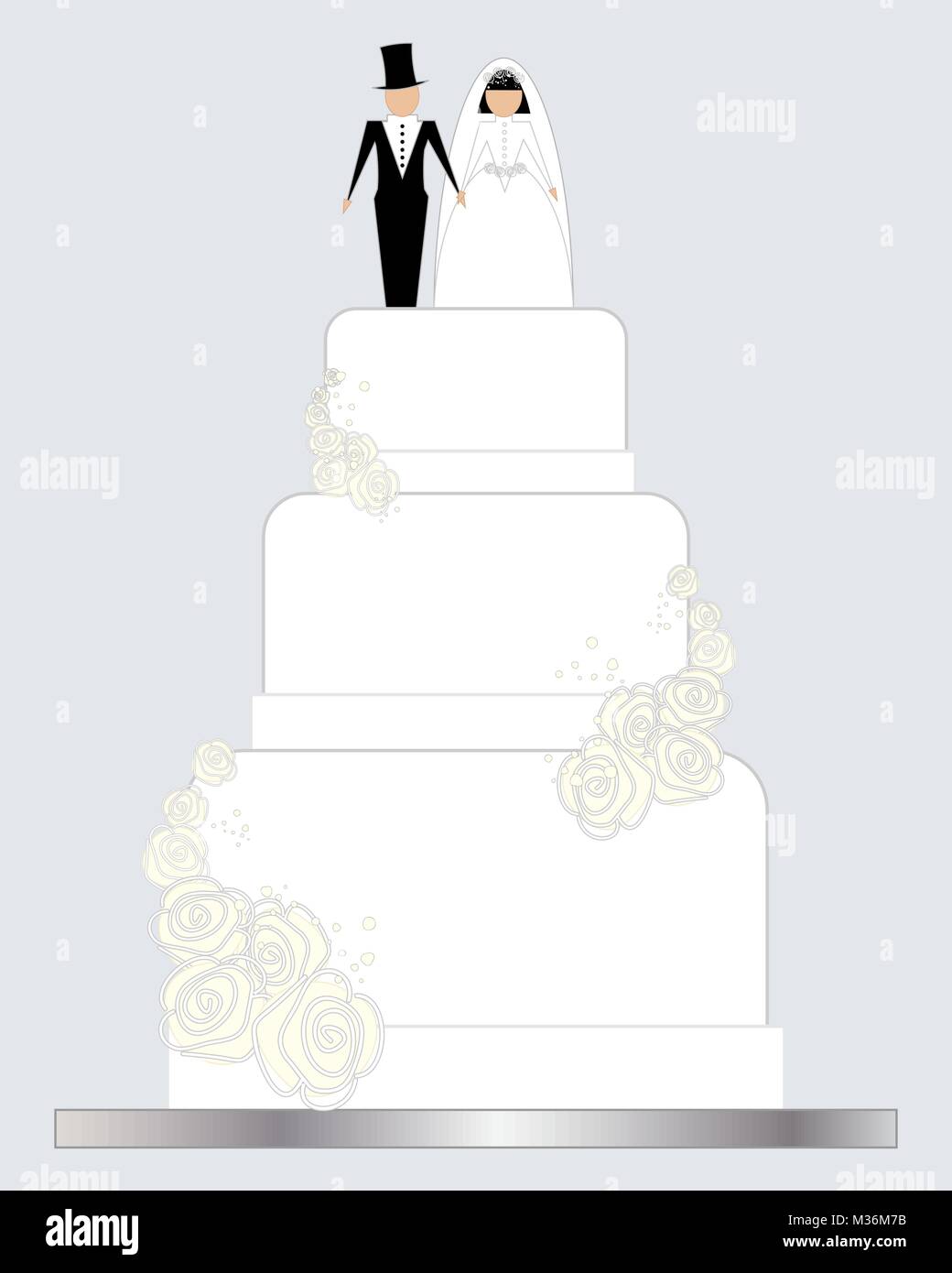 an illustration of a white decorated wedding cake with multi layers and ...