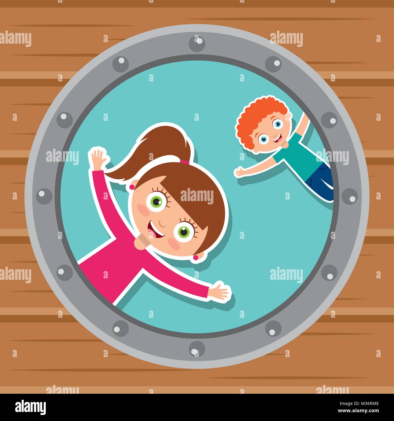 cute kids in the round window happy Stock Vector Image & Art - Alamy
