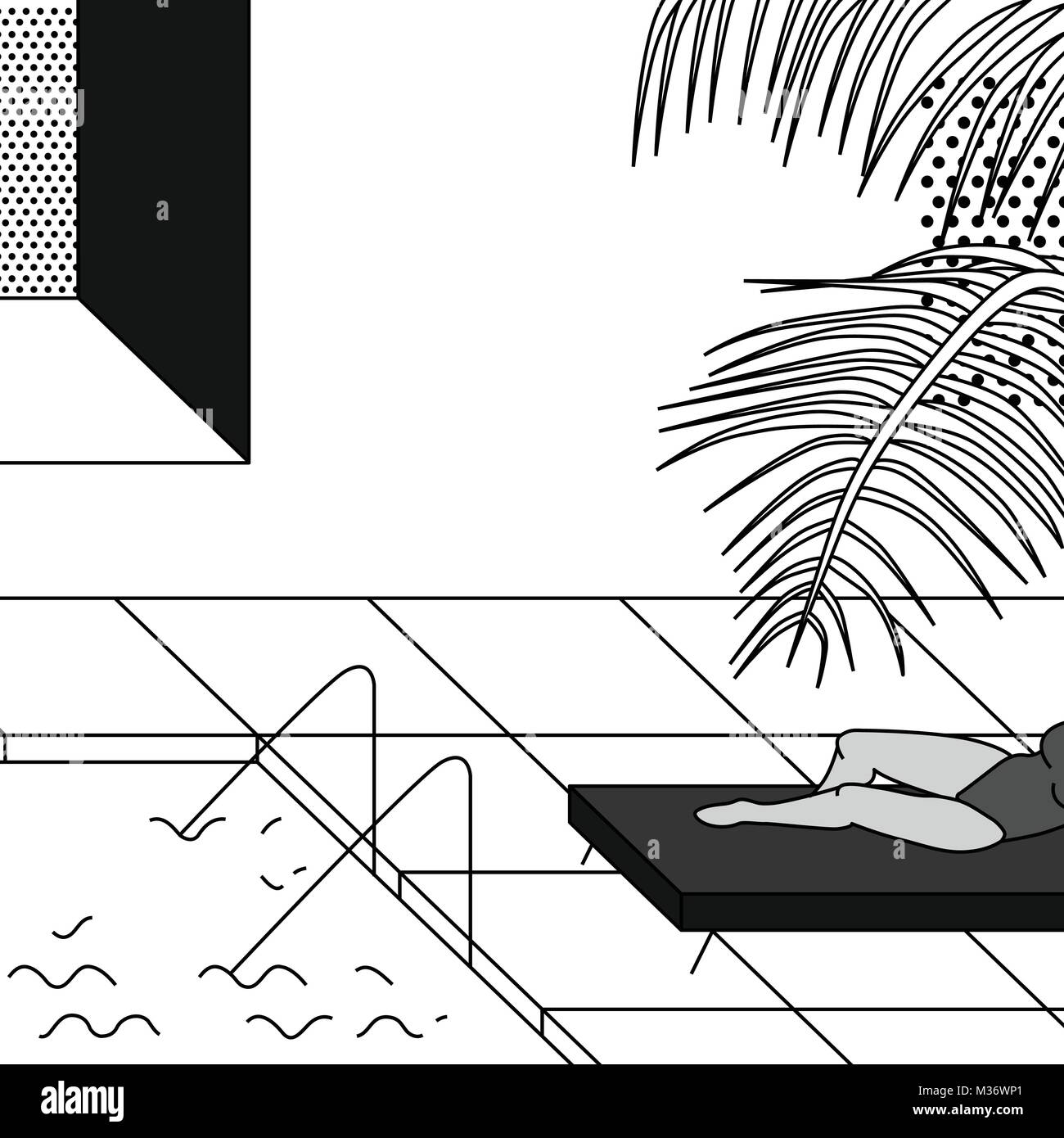 Tropic pool scene with woman in swimsuit. Vector illustration Stock ...