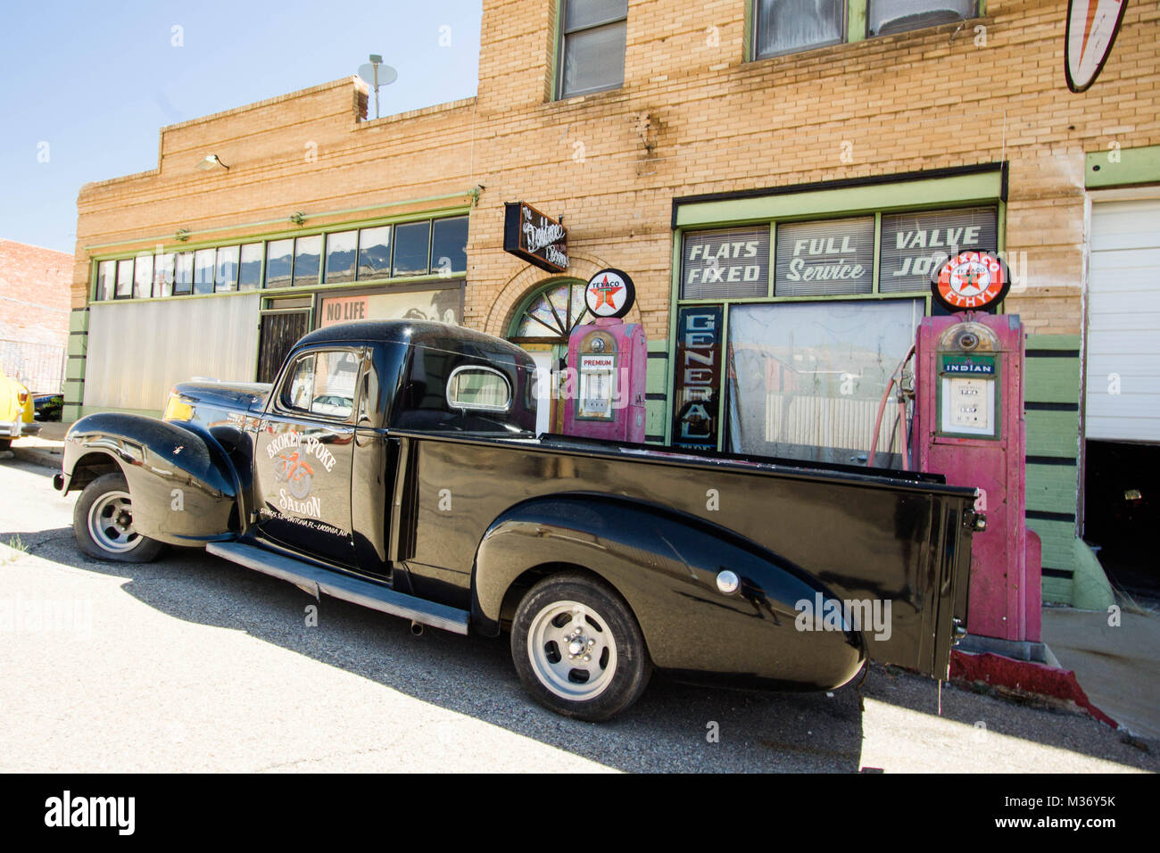 classic old American pick-up truck on an old small-town street in ...