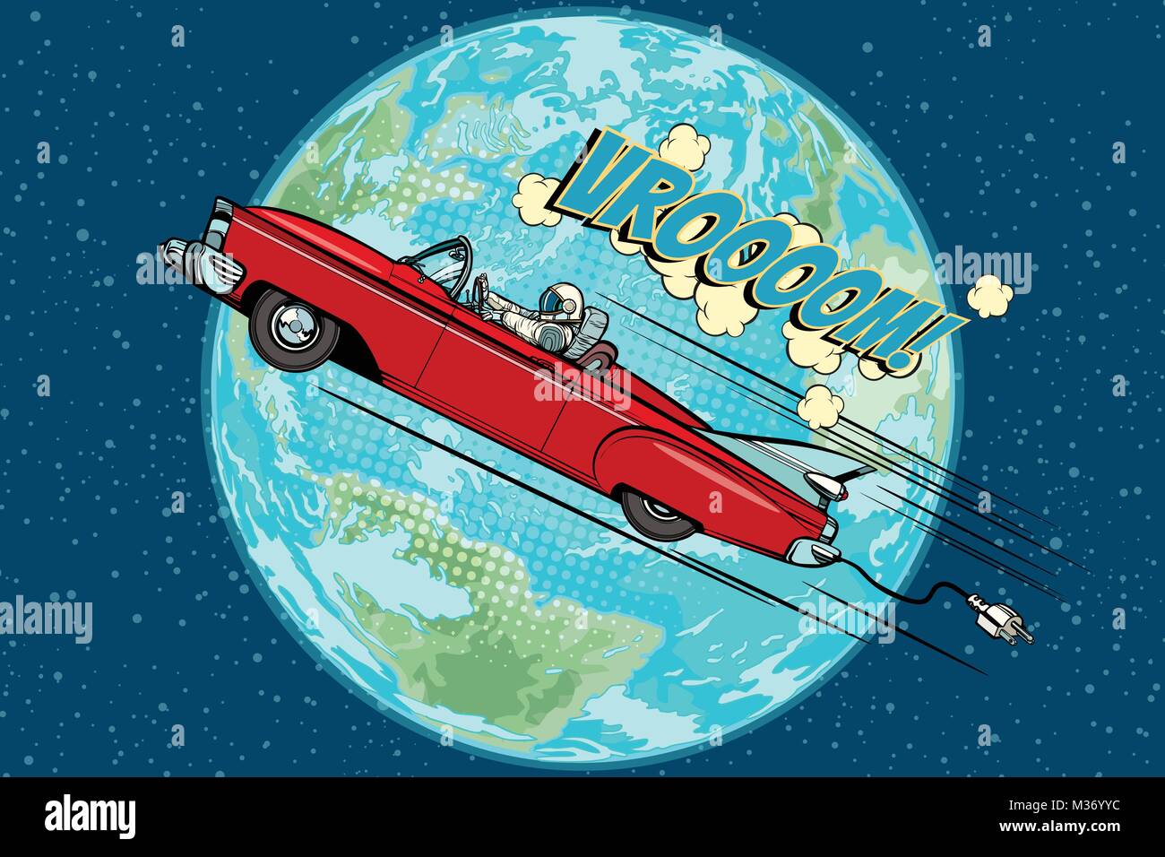 Astronaut in an electric car over the planet Earth. Pop art retro ...