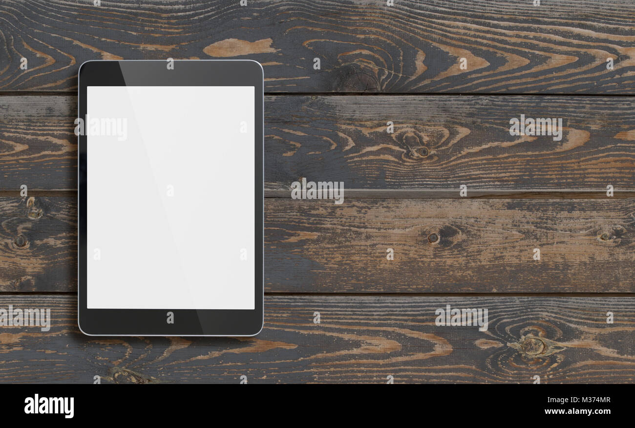 Black ipad with blank screen on old wood table Stock Photo - Alamy