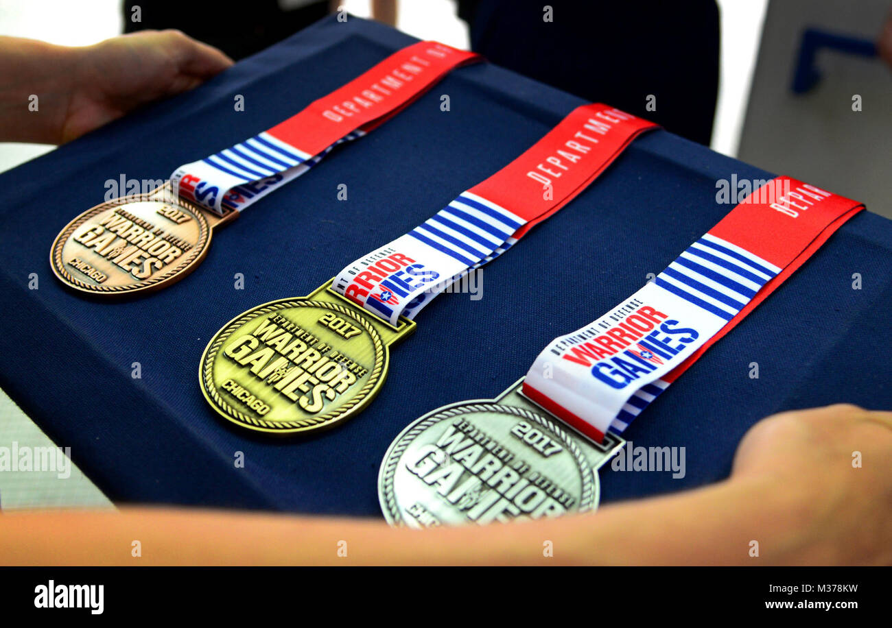 Gold, silver and bronze medals are staged moments before an official ...
