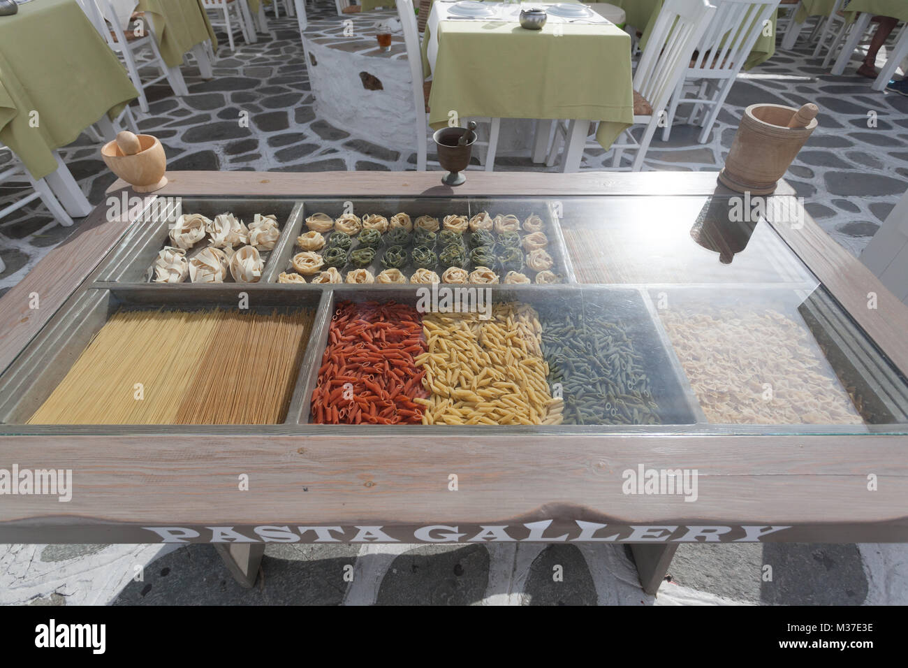 Different types of eggs pasta in a street food, Greece Stock Photo - Alamy