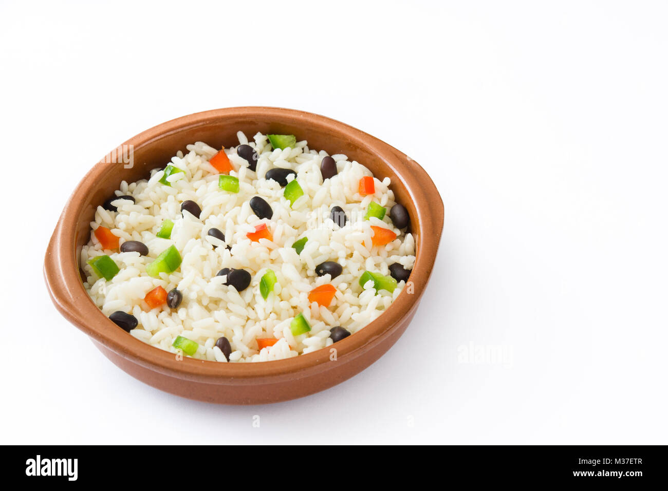 Traditional cuban rice, black beans and peppers isolated on white ...