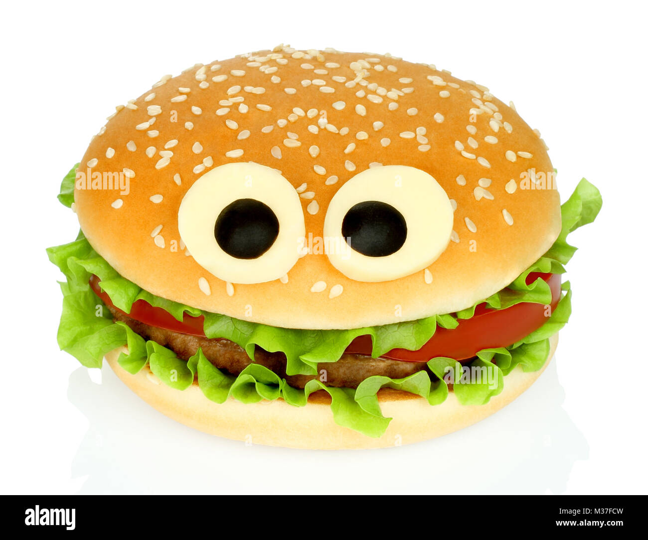 Big funny hamburger whith cheese eyes and chicken cutlet on white ...