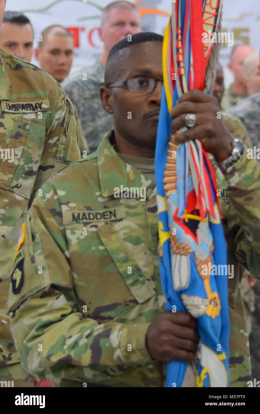 FORT GILLEM, Ga. May 6, 2017 – Command Sgt. Major Donald Madden holds ...