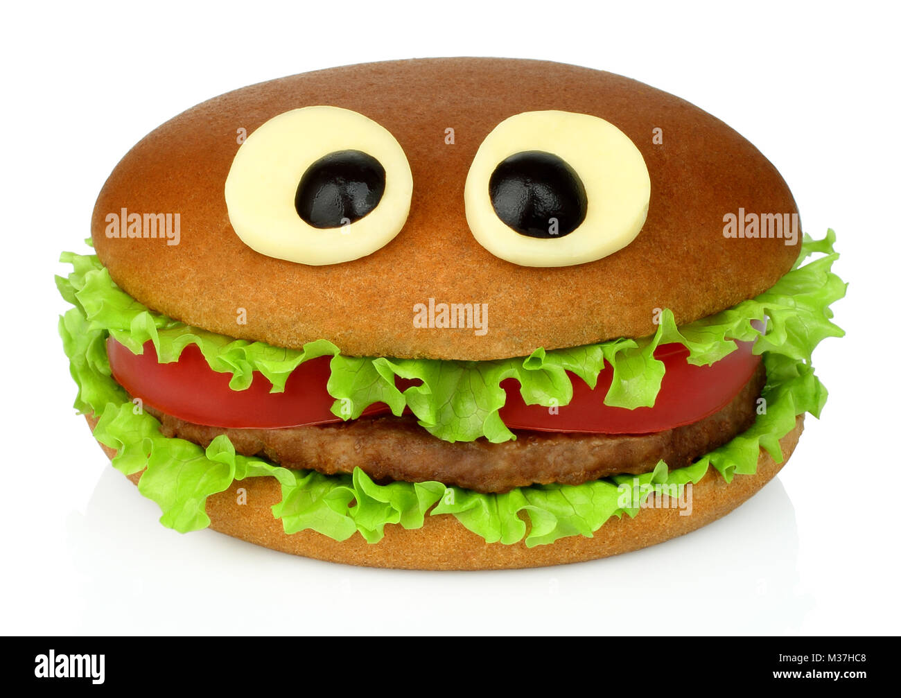 Big funny hamburger whith cheese eyes and chicken cutlet on white ...