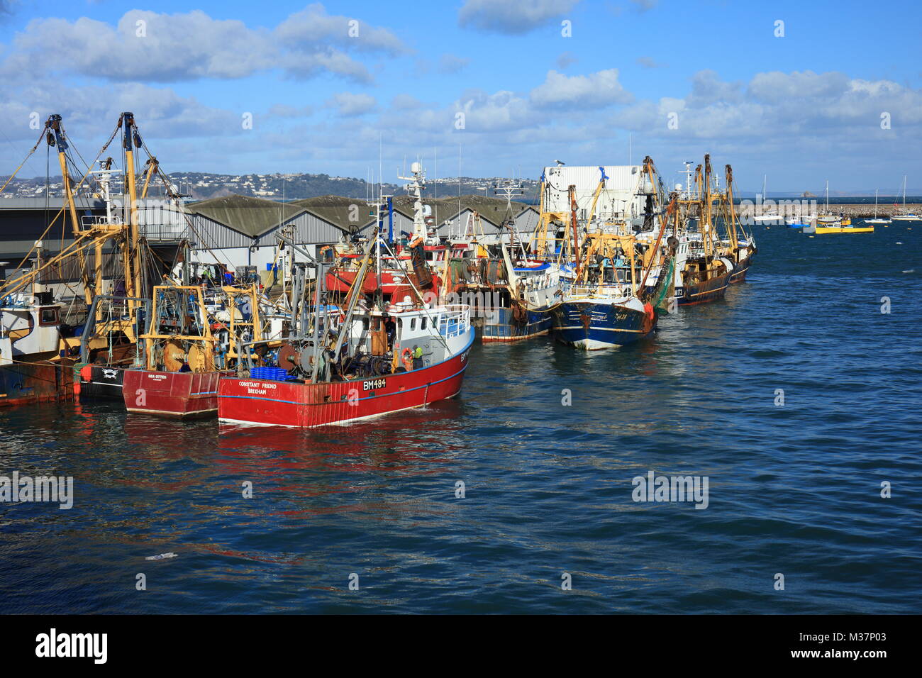 Commercial fishing boats, Brixham fish market, South Devon, England, UK ...