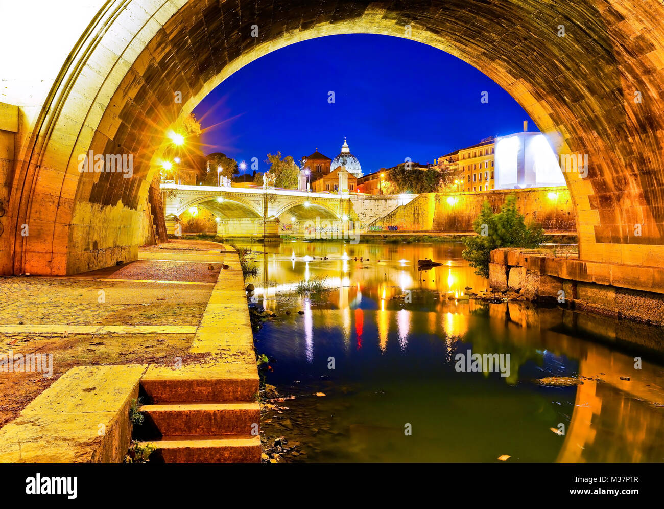 View of St. Peter's Basilica from Aelian Bridge in Rome at night Stock ...