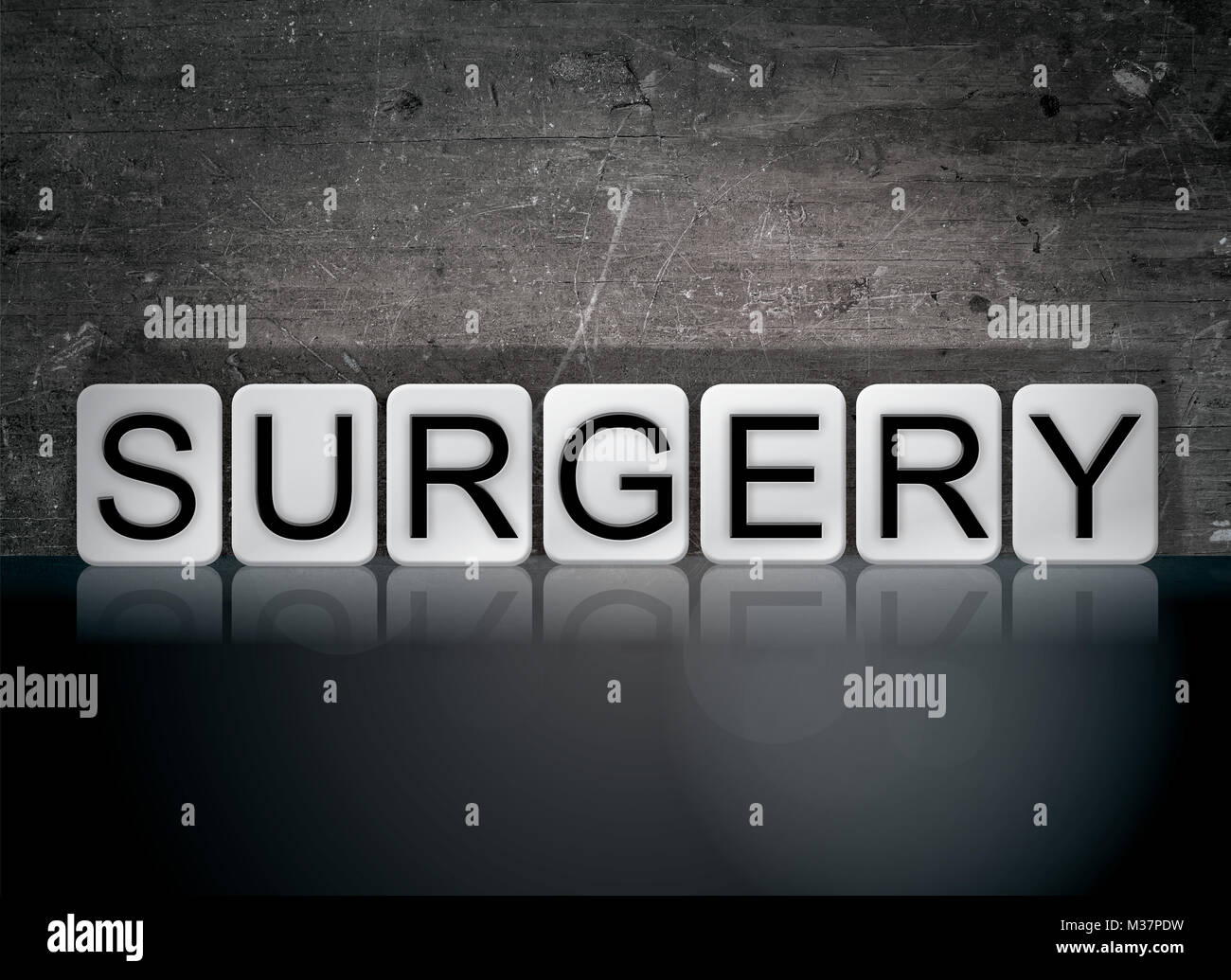 The word Surgery concept and theme written in white tiles on a dark ...