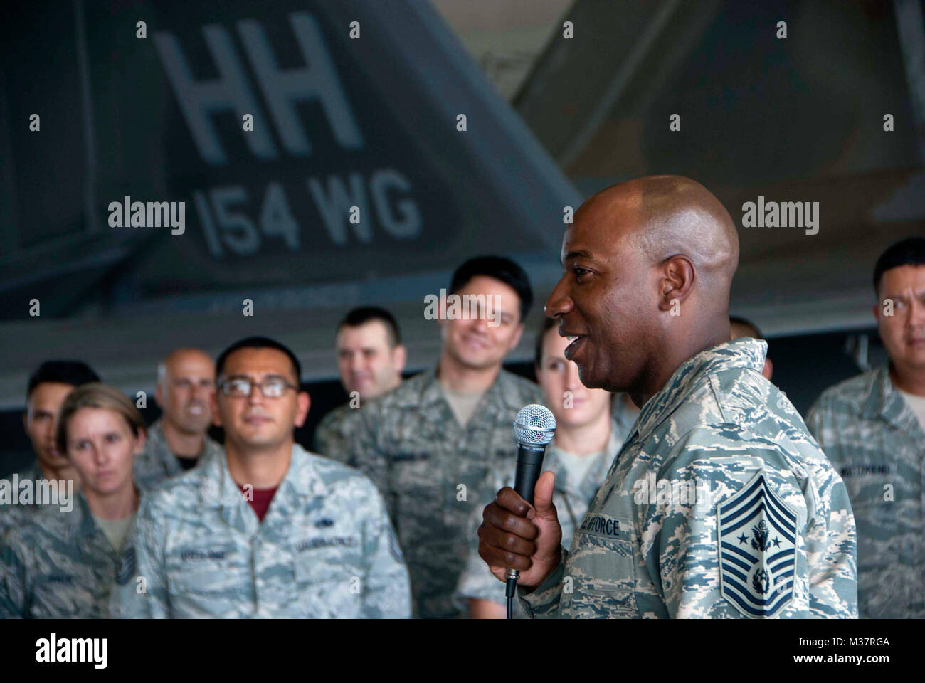 Chief Master Sgt. of the Air Force Kaleth Wright speaks with airmen at ...