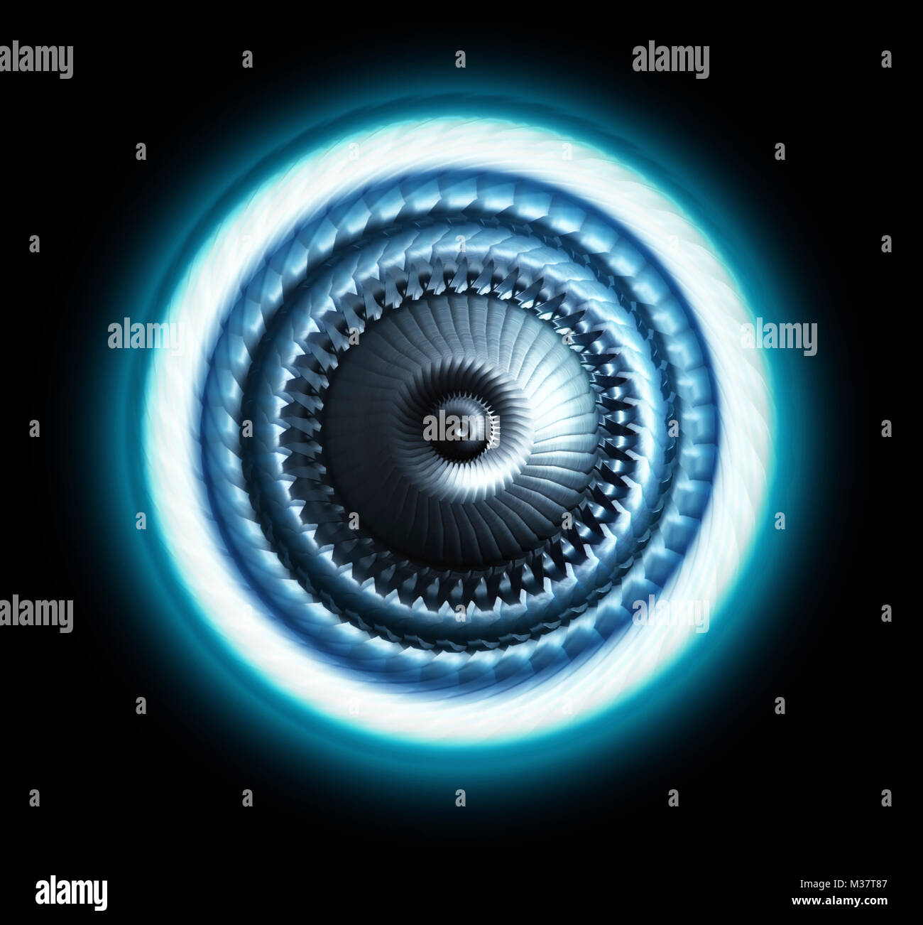 Concept of a bottom view of a blue glowing UFO isolated over black ...