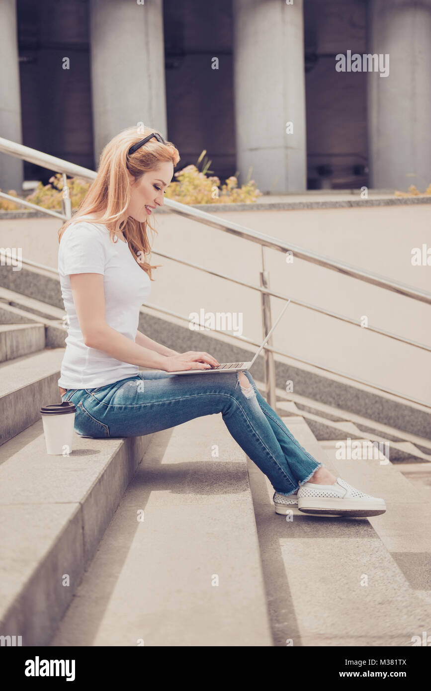 Vertical profile side view photo of beautiful cute cheerful excited ...