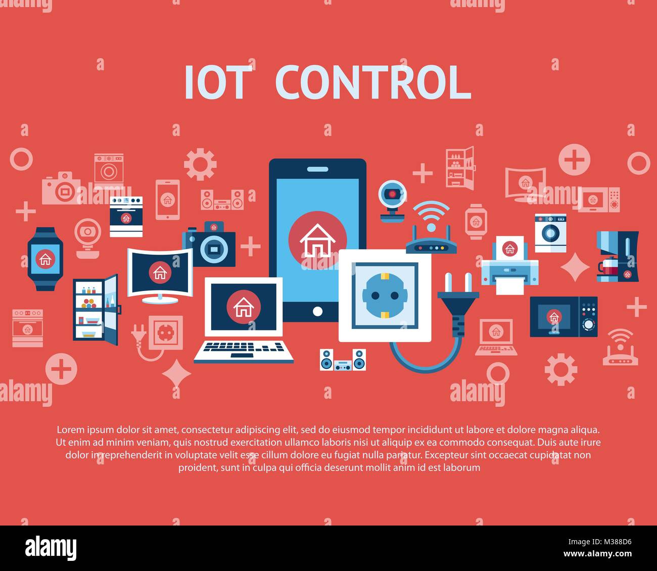 Digital vector red internet of things control concept objects color ...