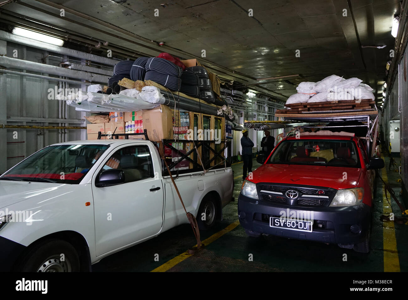 loaded cars into the ferry from Sao Vincente to Santo Antao, Mindelo ...