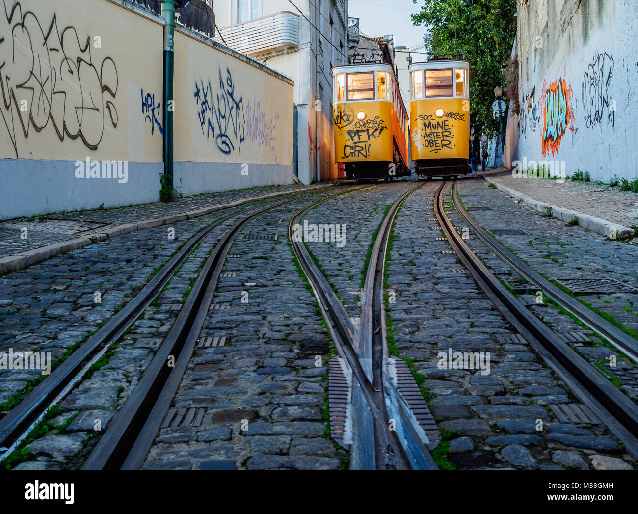 Portugal, Lisbon, Twilight view of the Gloria Funicular Stock Photo - Alamy