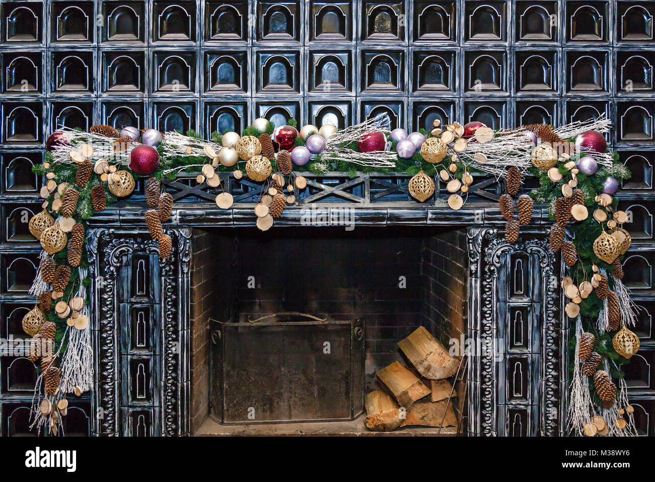 fireplace decorated with toys Stock Photo - Alamy