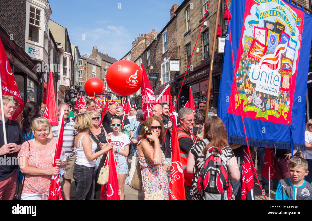 Unite union banners at Durham Miners Gala. Durham, United Kingdom Stock ...
