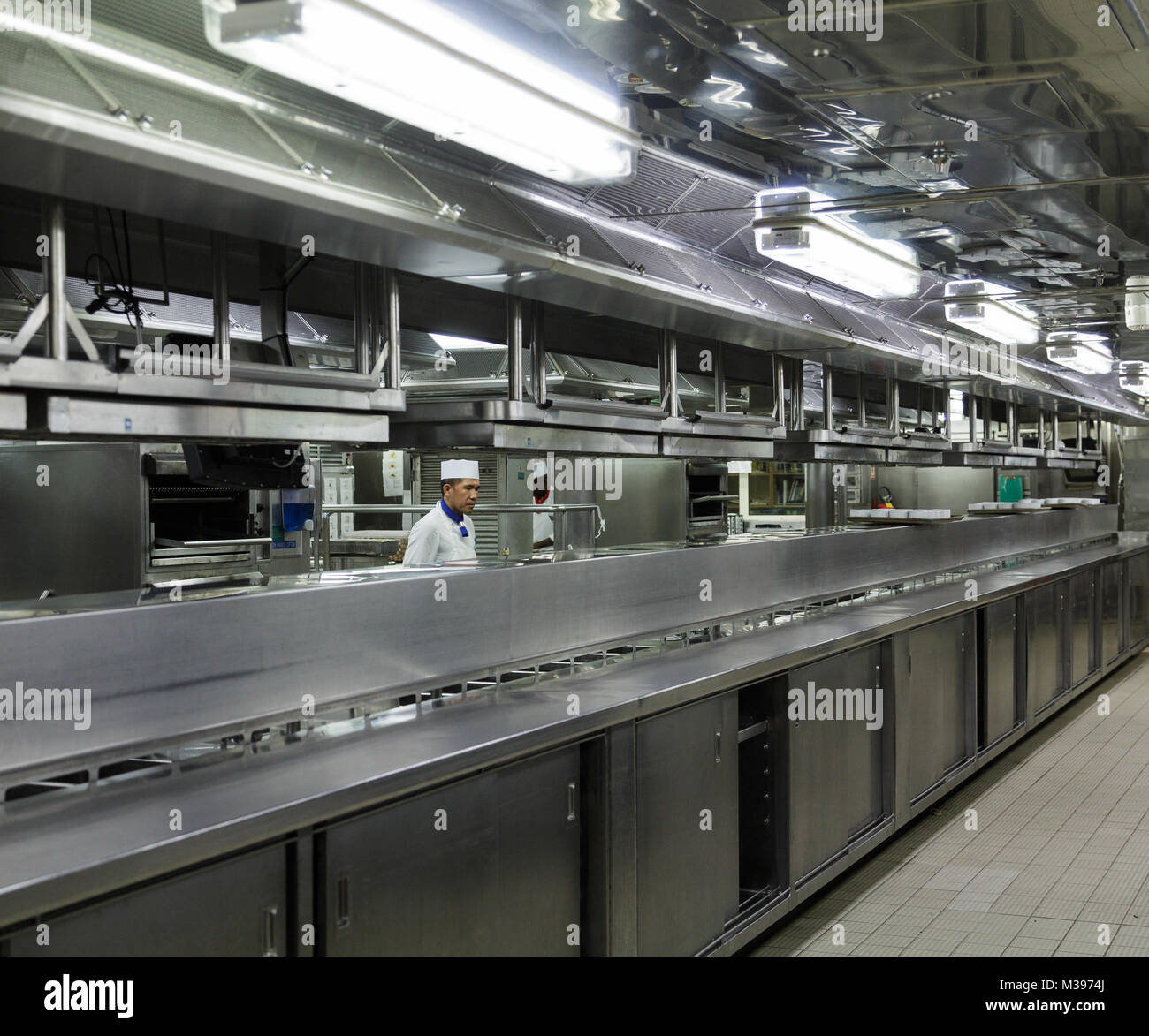 A commercial kitchen in a restaurant with cooks, food preparers and ...
