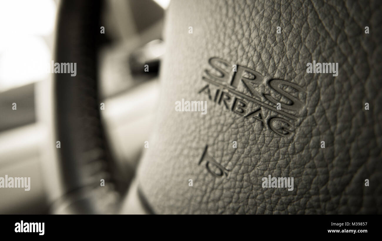 close up of Subaru SRS Airbag logo on Subaru steering wheel Stock Photo ...