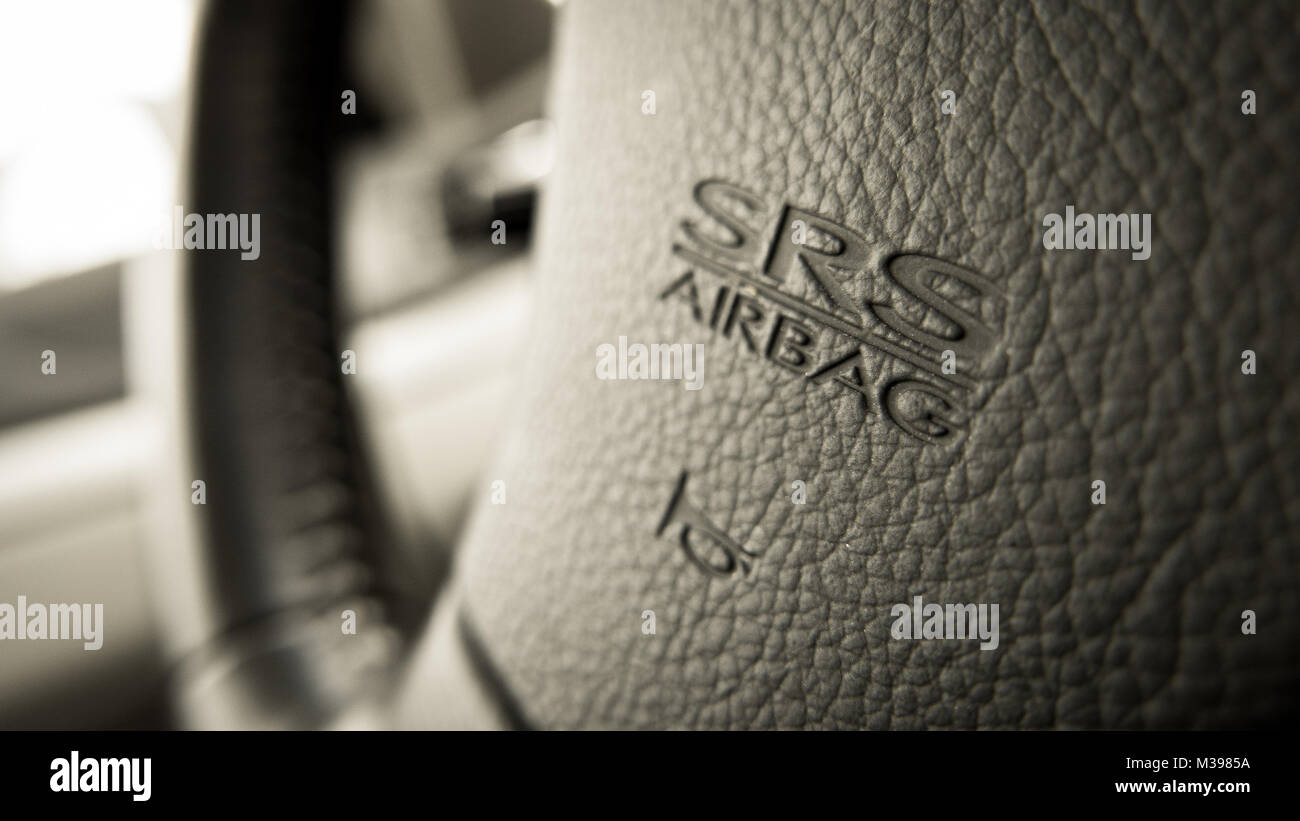 close up of Subaru SRS Airbag logo on Subaru steering wheel Stock Photo ...