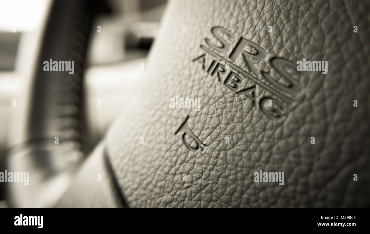 close up of Subaru SRS Airbag logo on Subaru steering wheel Stock Photo ...