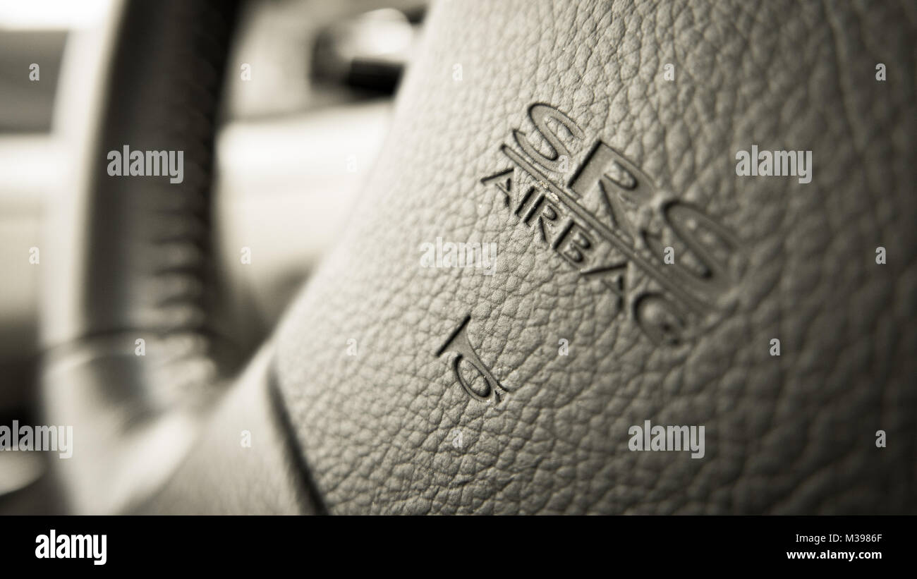 close up of Subaru SRS Airbag logo on Subaru steering wheel Stock Photo ...