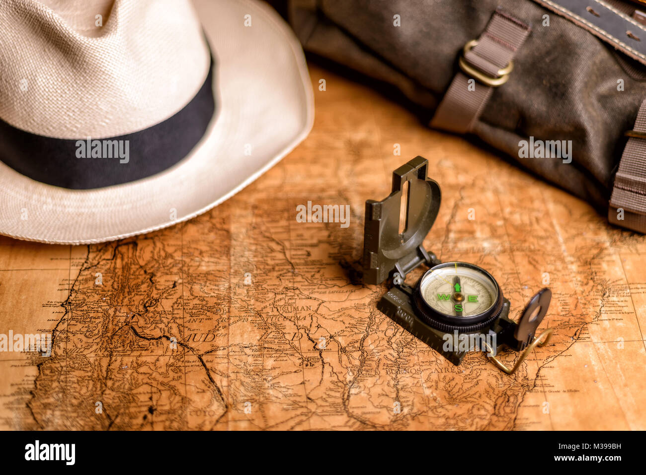 old expedition map with compass and binoculars Stock Photo - Alamy
