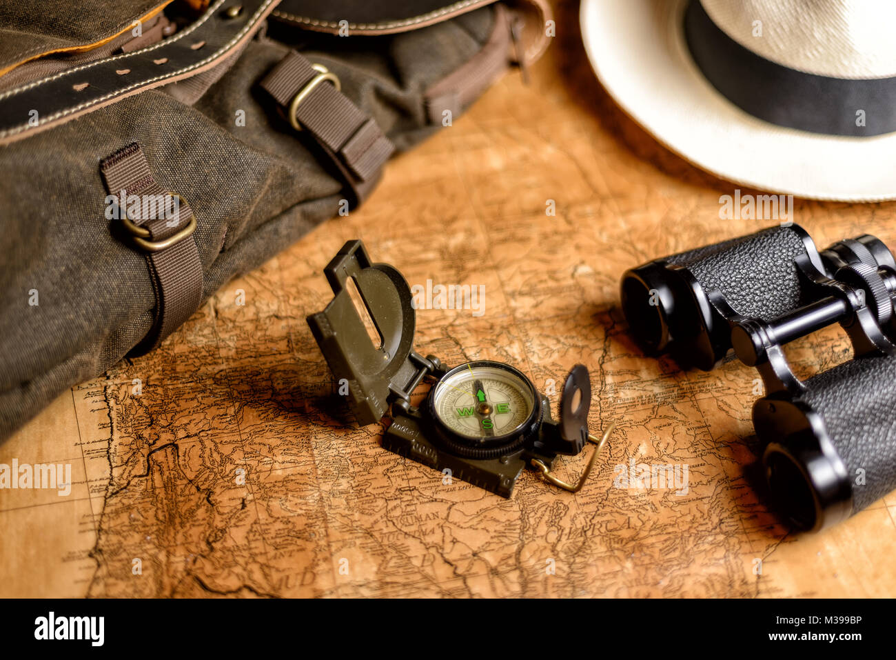 old expedition map with compass and binoculars Stock Photo - Alamy