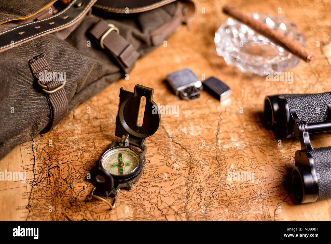 old expedition map with compass and binoculars Stock Photo - Alamy